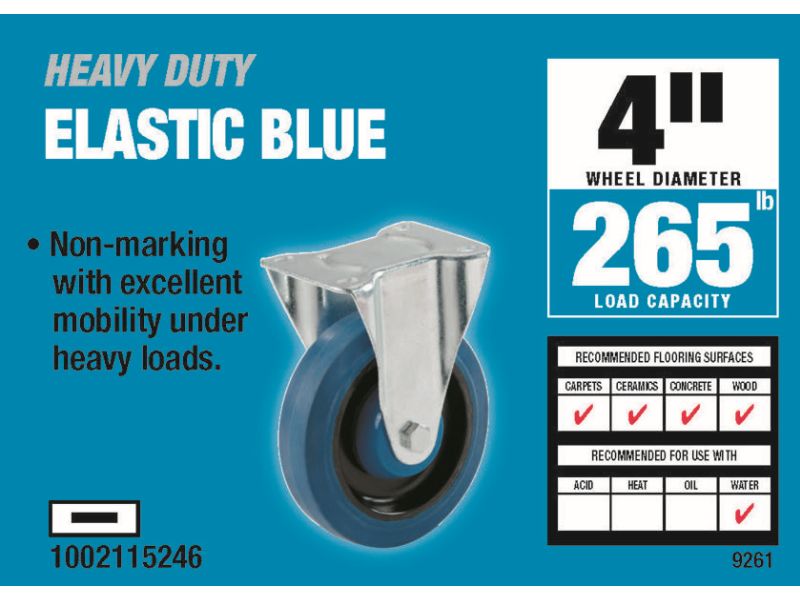 4-Inch Rigid Plate Elastic Blue Rubber Caster, 265-lb Load Capacity ...