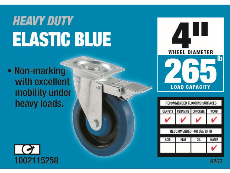 4-Inch Swivel Plate Elastic Blue Rubber Caster with Brake, 265-lb Load ...