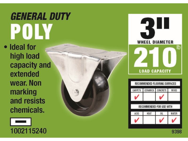 3-Inch Rigid Plate Polypropylene Caster, 210-lb Load Capacity ...