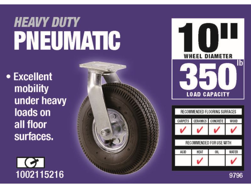 10-Inch Pneumatic Caster Wheel, Swivel Plate, Steel Hub with Ball ...